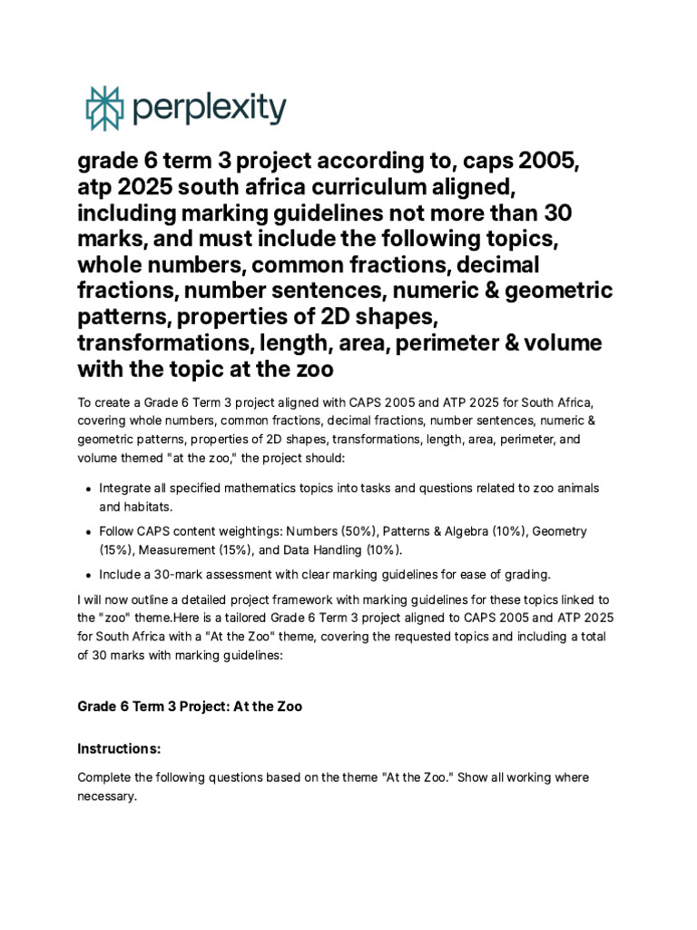 Grade 6 Maths Project: At the Zoo | PDF | Numbers | Geometry