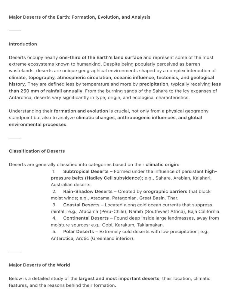 Major Deserts of The Earth - Formation, Evolution, and Analysis | PDF ...