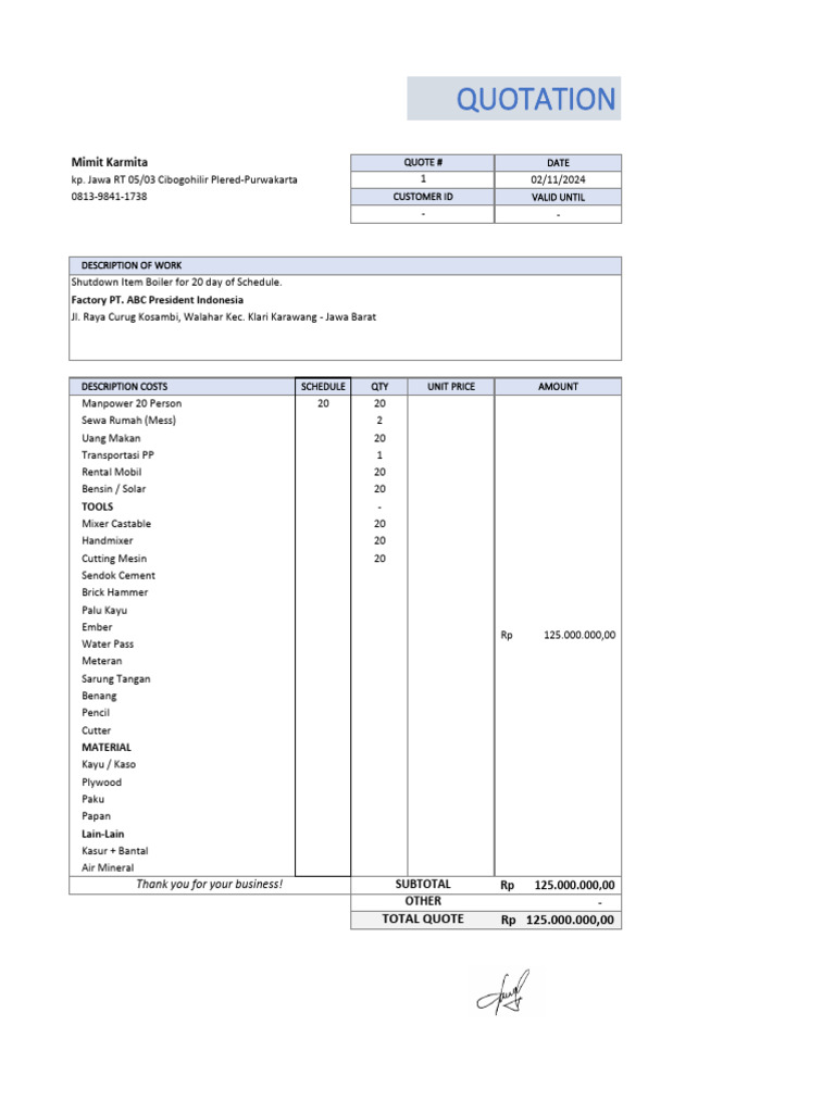 Boiler Shutdown Quotation for PT. ABC | PDF