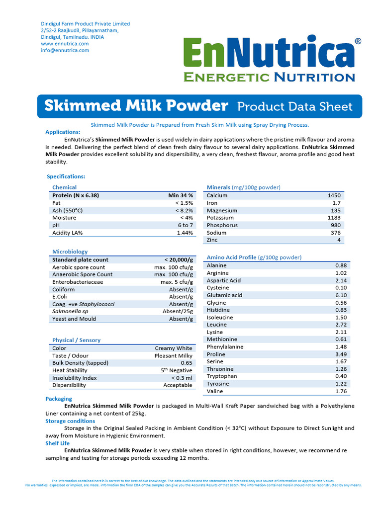 EnNutrica Skimmed Milk Powder Data Sheet | PDF | Powdered Milk | Milk