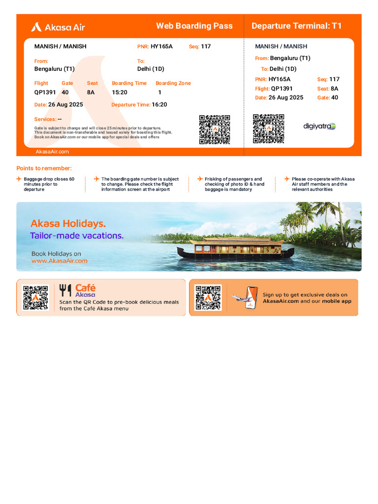 Akasa Air E-Boarding Pass - HY165A - MANISH | PDF
