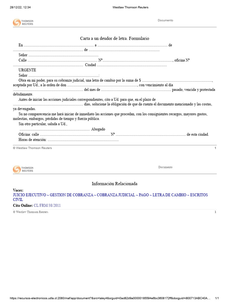 Carta A Un Deudor de Letra. Formulario | PDF | Pagaré