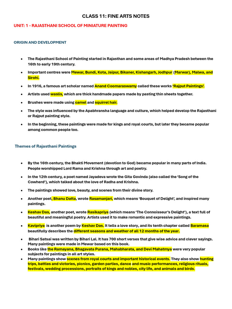 Class-11th Chapter - 1 Rajasthani School Notes | PDF | Paintings