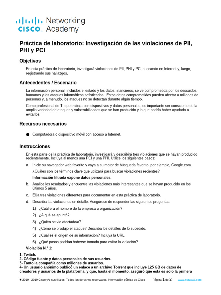 14.3.1.5 Lab - Investigate Breaches of PII PHI PCI | PDF | Facebook ...
