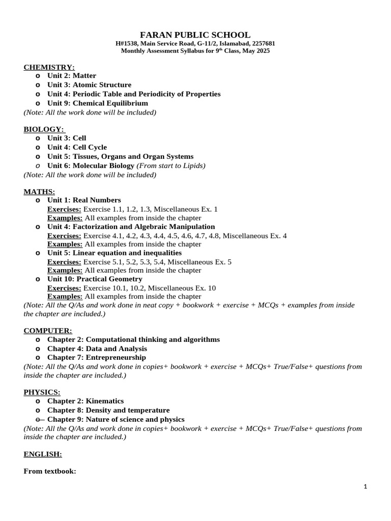 9th Class Monthly Assessment Syllabus | PDF | Chemistry