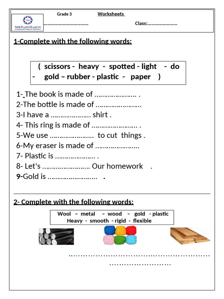 Grade 3 Material Identification Worksheets | PDF