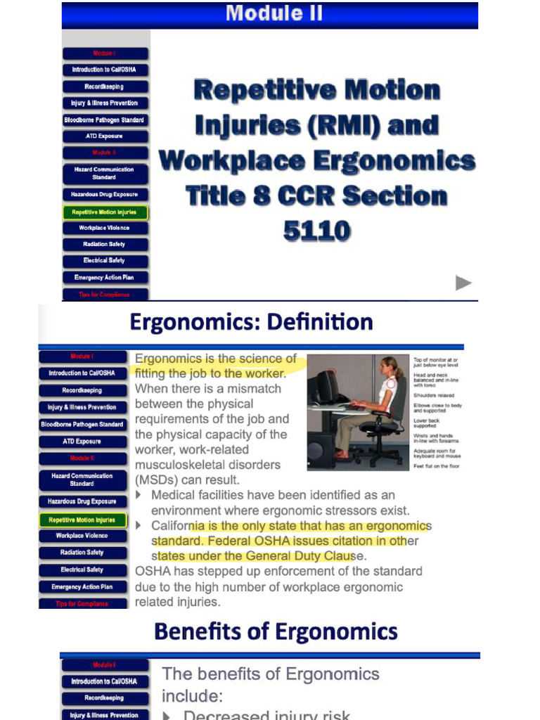OSHA Module II 3. Repetitive Motion Injuries (RMI) | PDF