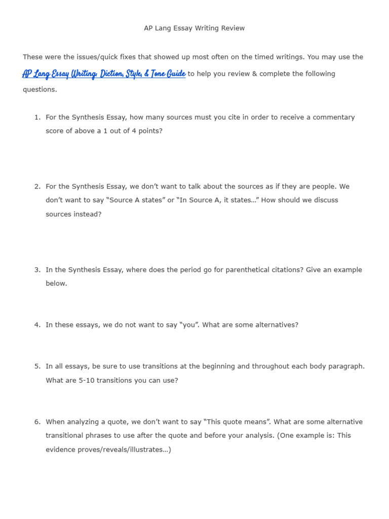 AP Lang Essay Writing Review | PDF