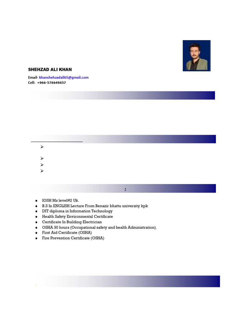Shehzad Ali Updated CV+Doc | PDF | Occupational Safety And Health | Occupational Safety And ...