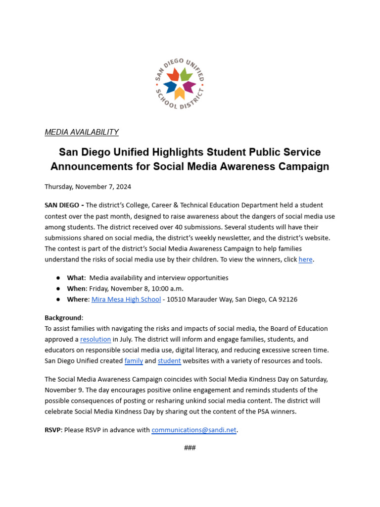 Media Availability - Social Media Kindness Day - 11.08.24 | PDF