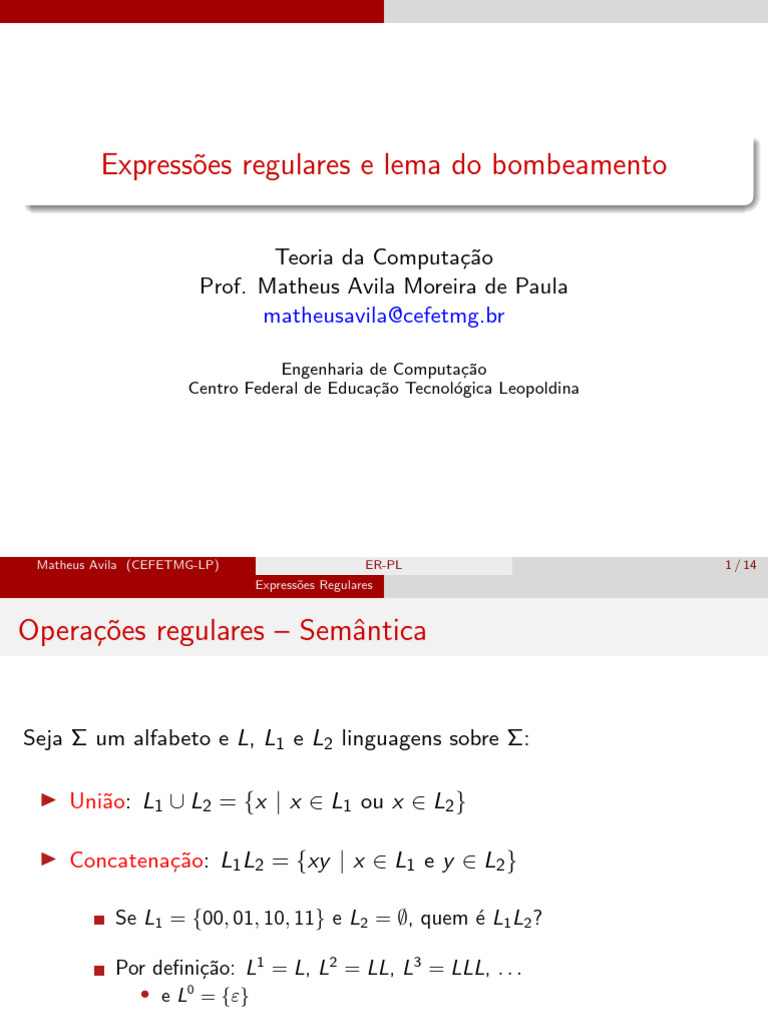 LFA Aula 8 Expressões Regulares e Lema Do Bombeamento | PDF | Expressão regular (Ciência da ...