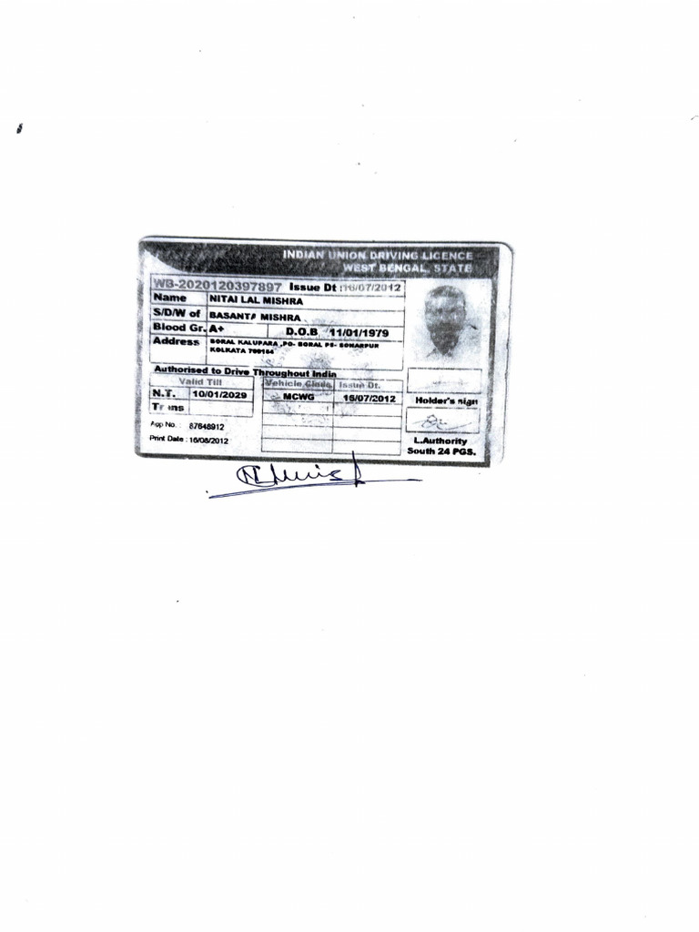 Indian Vehicle License for Nitai Lal Mishra | PDF