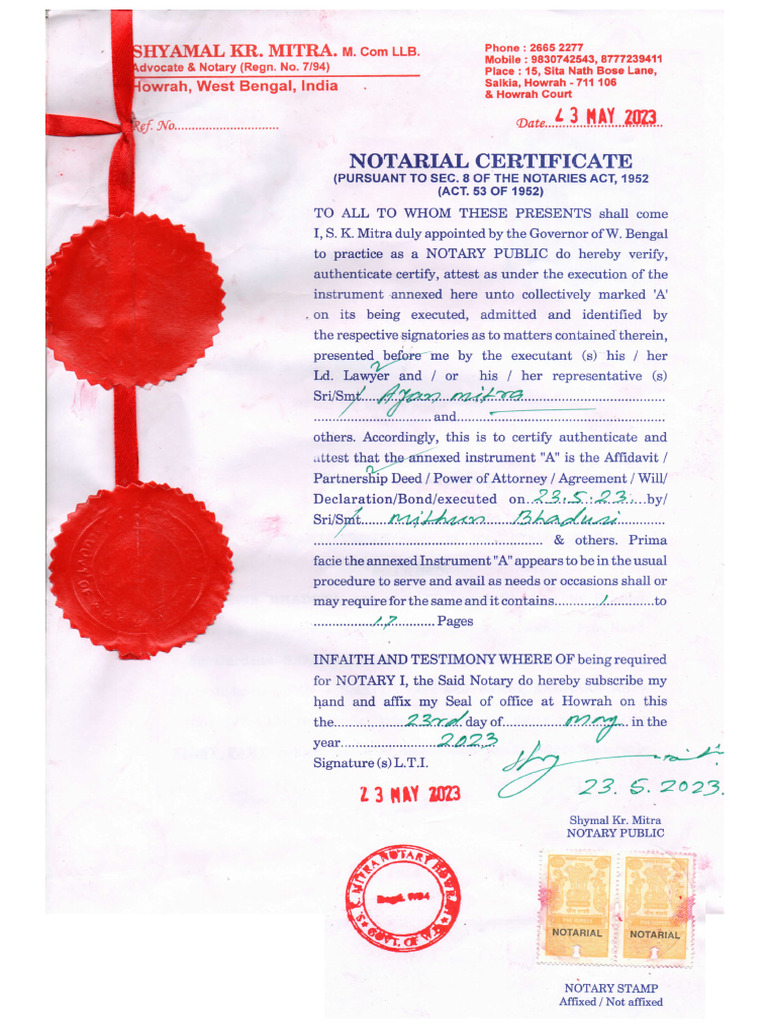 Akerage Notarial Certificate - Deed of Partnership DTD 23-5-23 | PDF ...