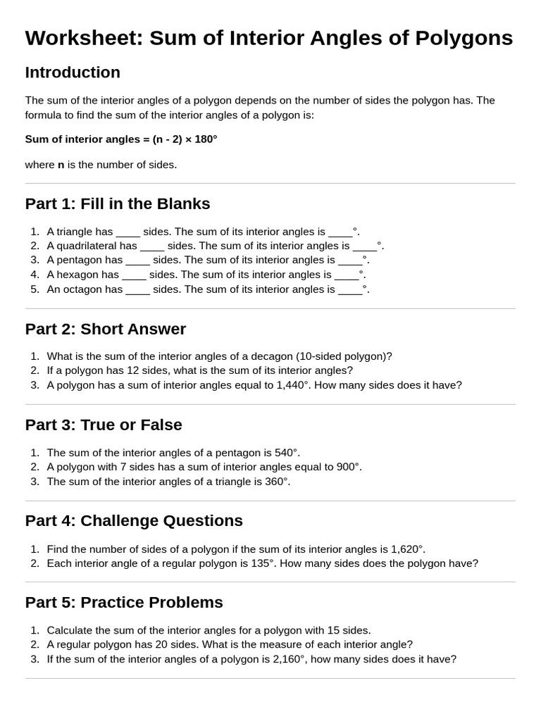 Interior Angles of Polygons Worksheet | PDF