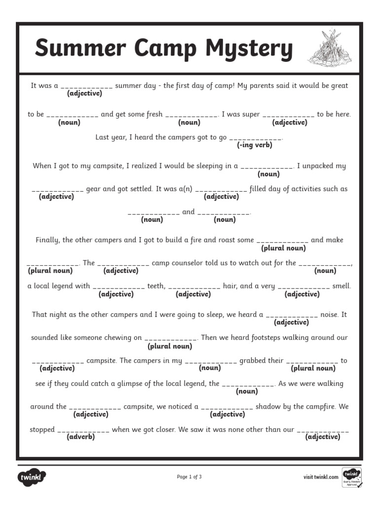 BW Summer Camp Laught Lib Activity | PDF | Adjective | Noun