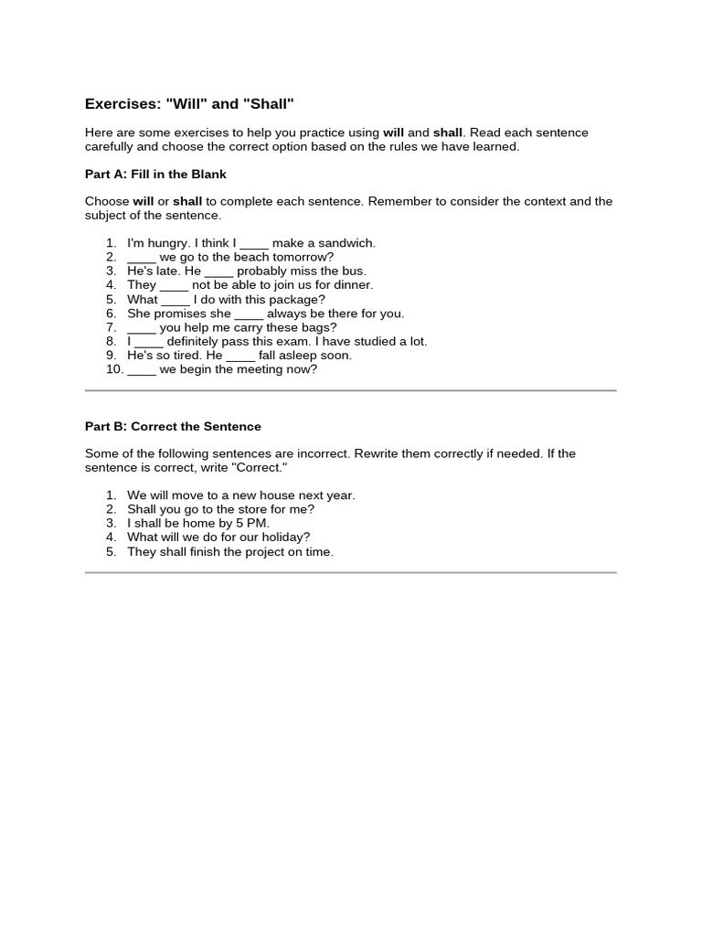 Exercises Will and Shall | PDF