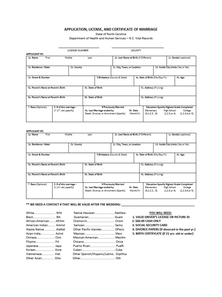 NC Marriage License Application Form | PDF | The United States ...