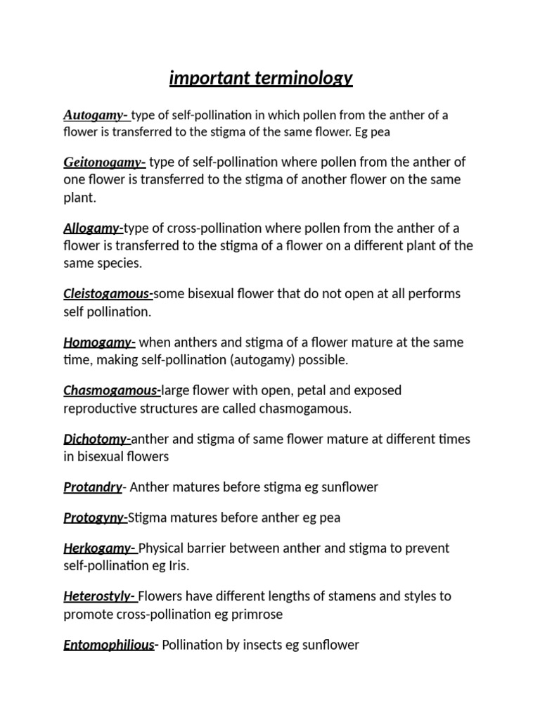 Important Terminology: Autogamy-Geitonogamy | PDF