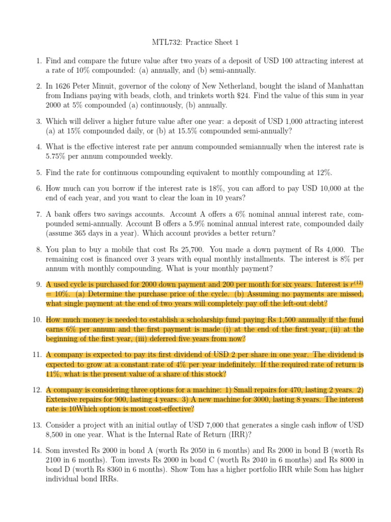 MTL732 Practice Sheet 1 | PDF | Interest | Euro