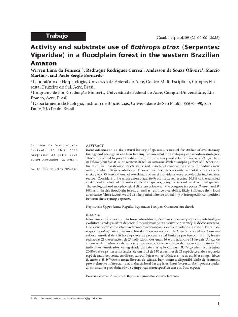 Activity and Substrate Use of Bothrops Atrox (Serpentes - Viperidae) in ...