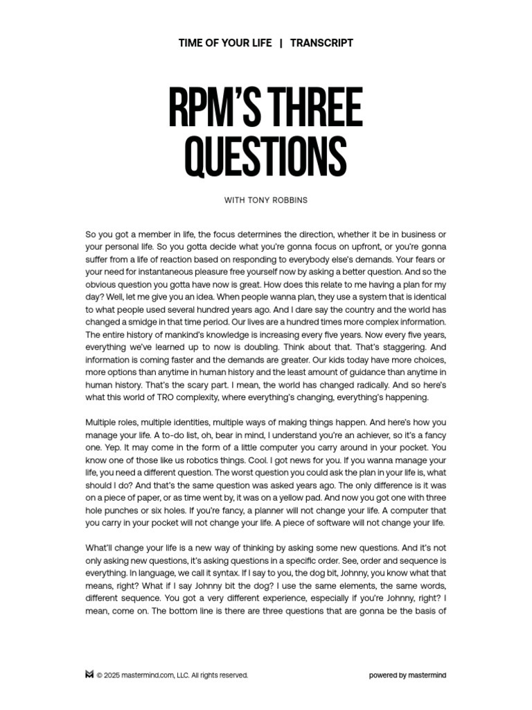 Day 1 The Power of Focus - 2 - RPMs Three Questions - Transcript | PDF | Experience | Feeling
