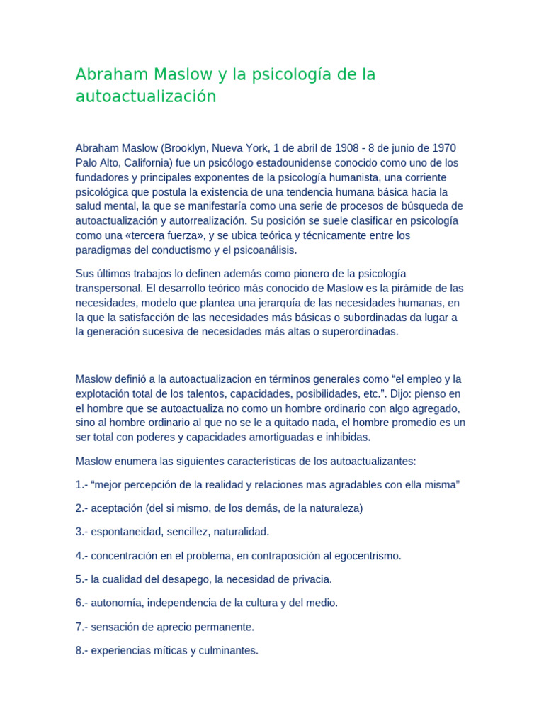 Abraham Maslow y La Psicología de La Autoactualización | PDF | Sicología | Conceptos psicologicos