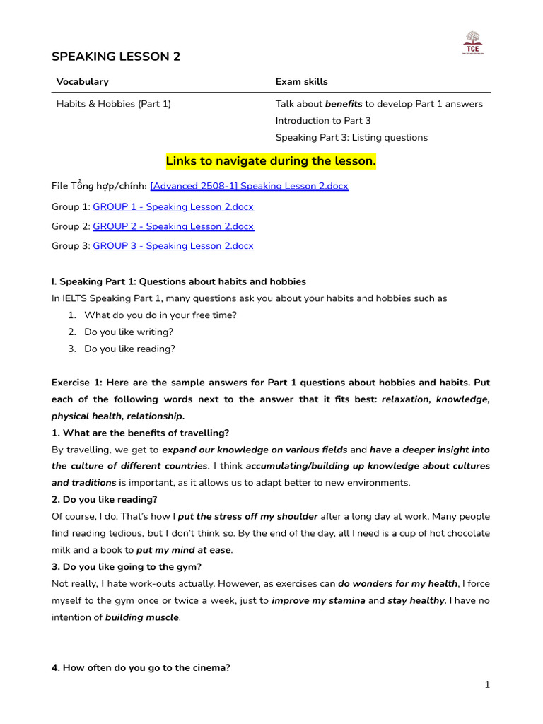 (Advanced 2508-1) Speaking Lesson 2 | PDF | Extraversion And ...