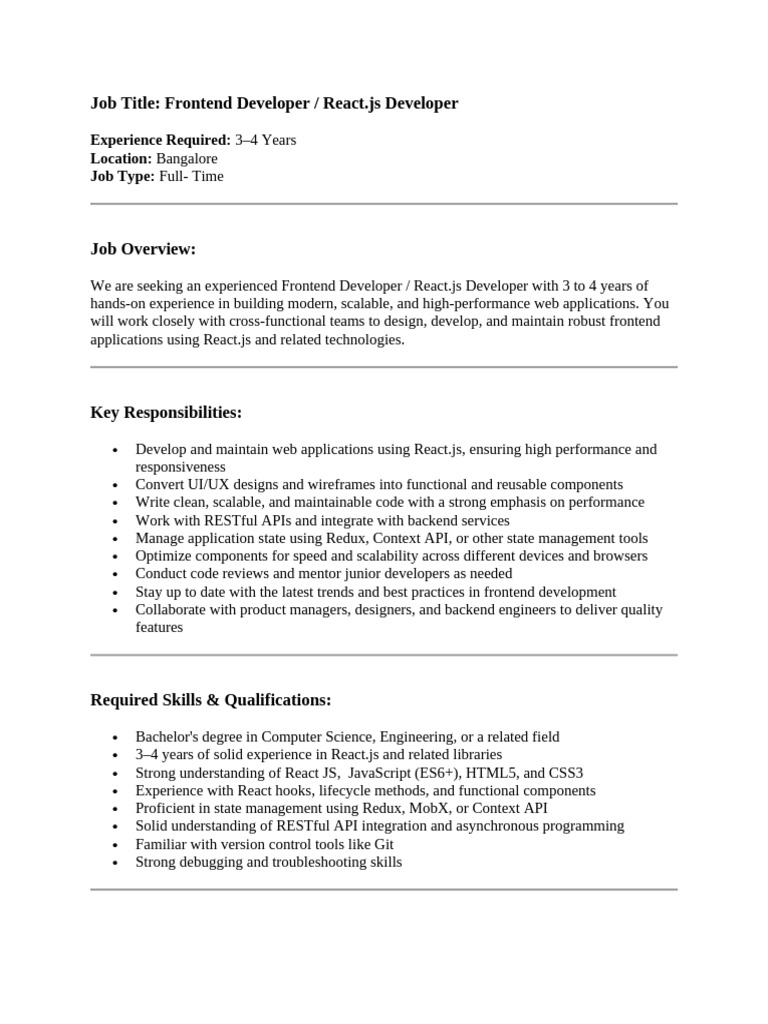 Job Description - Frontend Developer. | PDF