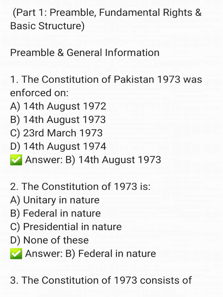 Constitution of Pakistan 1973 - MCQs | PDF