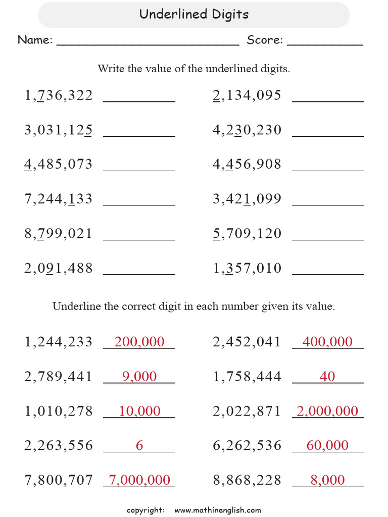 Underlined Digits Value Worksheet | PDF