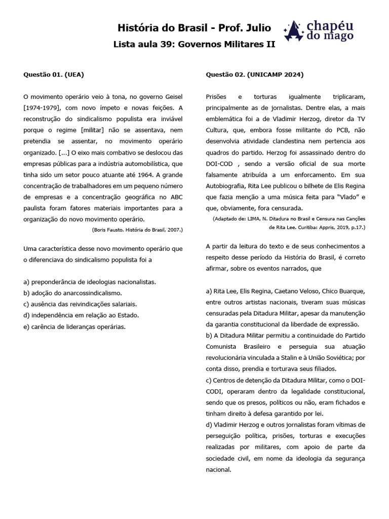 Lista Aula 39 - Governos Militares II - História Do Brasil PDF | PDF | Brasil | Democracia