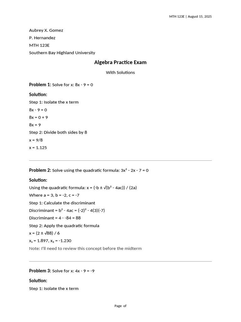 ALG 146 Algebra Solutions 5601 | PDF | Quadratic Equation | Mathematics