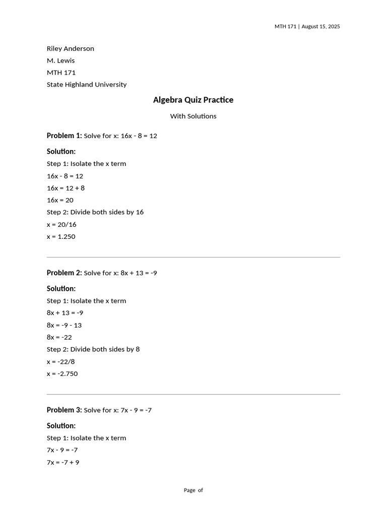 Algebra Quiz Solutions MTH 171 | PDF | Quadratic Equation | Numerical ...