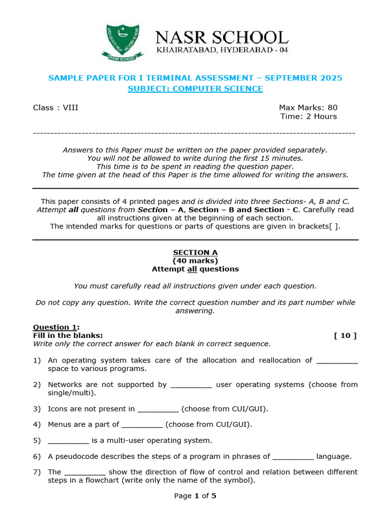 Class 8 - Computers - I Term Sample Paper - 2025 | PDF | Operating ...