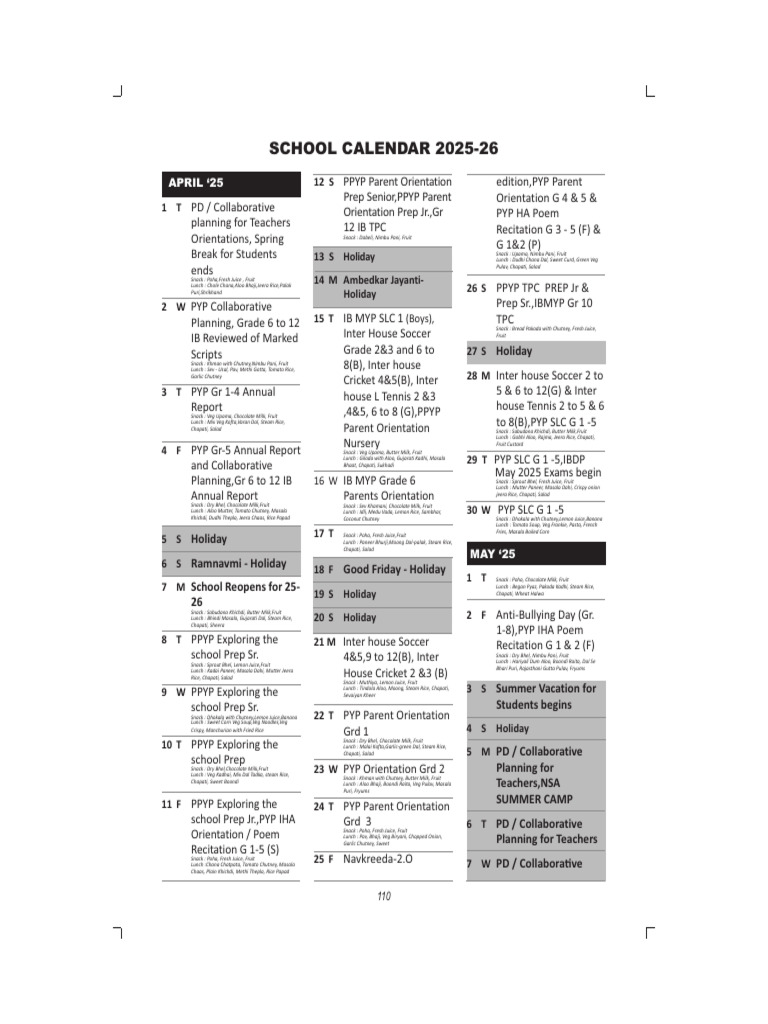 IB Calendar 2025-26 | PDF | Lunch | Chutney