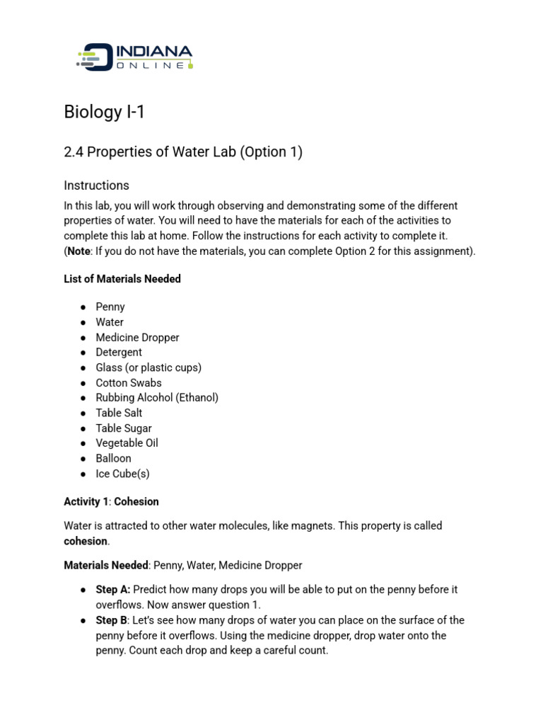 Properties of Water Lab Activities | PDF | Chemical Polarity | Water