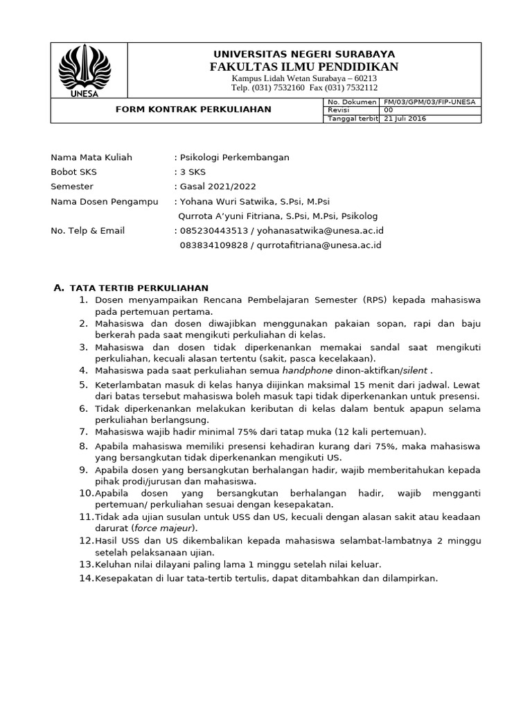 Form Kontrak Belajar Psi - Perkembangan 22C | PDF