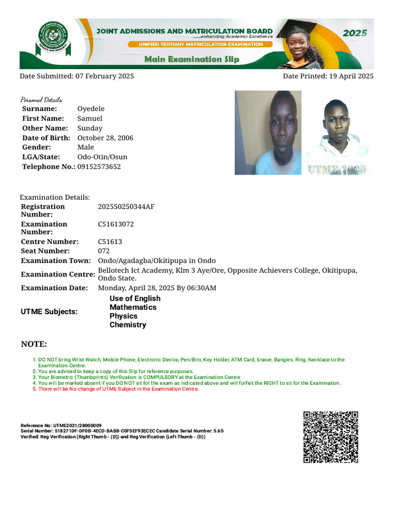 Oyedele Samuel UTME Exam Slip | PDF