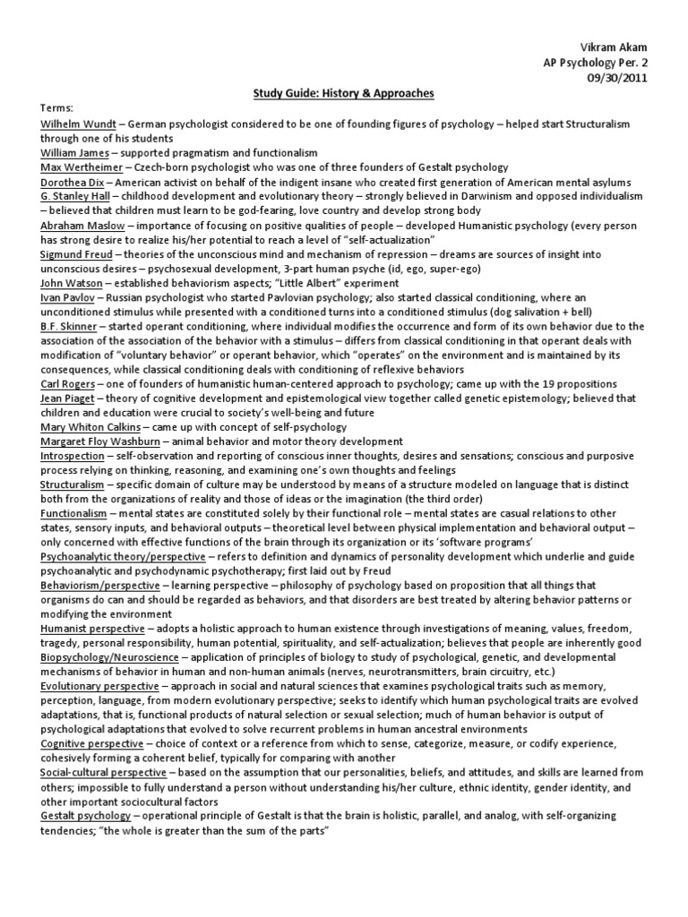 Study Guide: History & Approaches: Vikram Akam AP Psychology Per. 2 09 ...