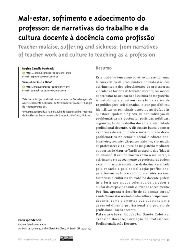 Mal-estar e adoecimento de professores | PDF | Burnout ocupacional ...