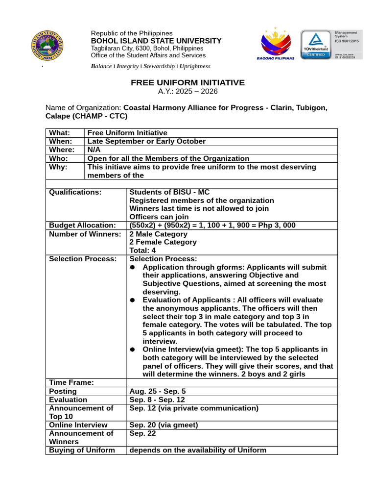 Champ CTC Free Uniform Initiative Tasks and Preparations | PDF