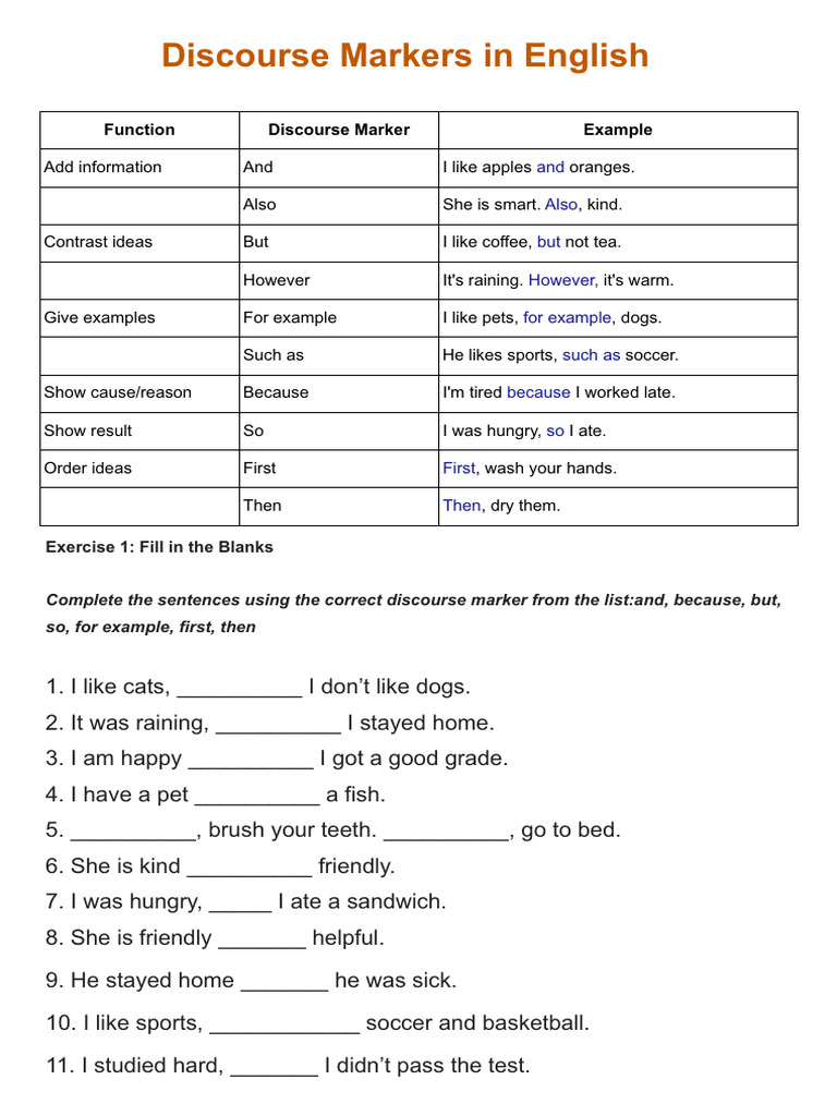 Discourse Markers Worksheet for Grade 3 | PDF