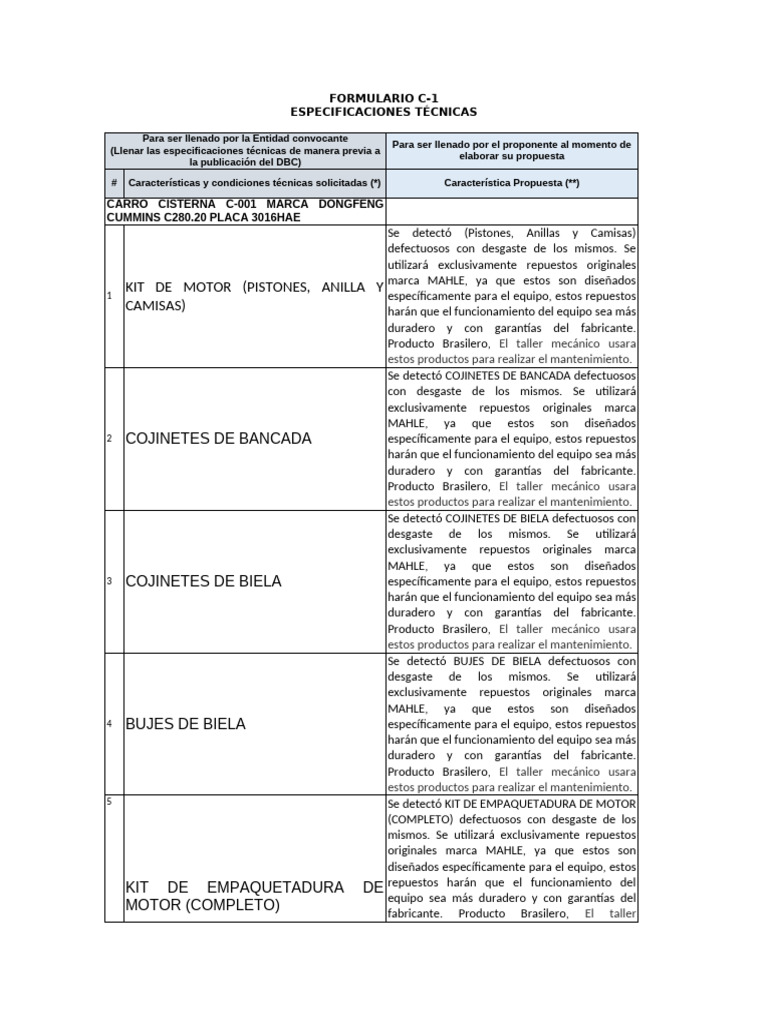 Formulario c.1 Especificaciones Tecnicas Cisterna | PDF | Inyección de combustible | Rodamiento ...