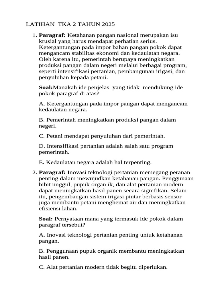 LATIHAN TKA 2 TAHUN 2025 | PDF