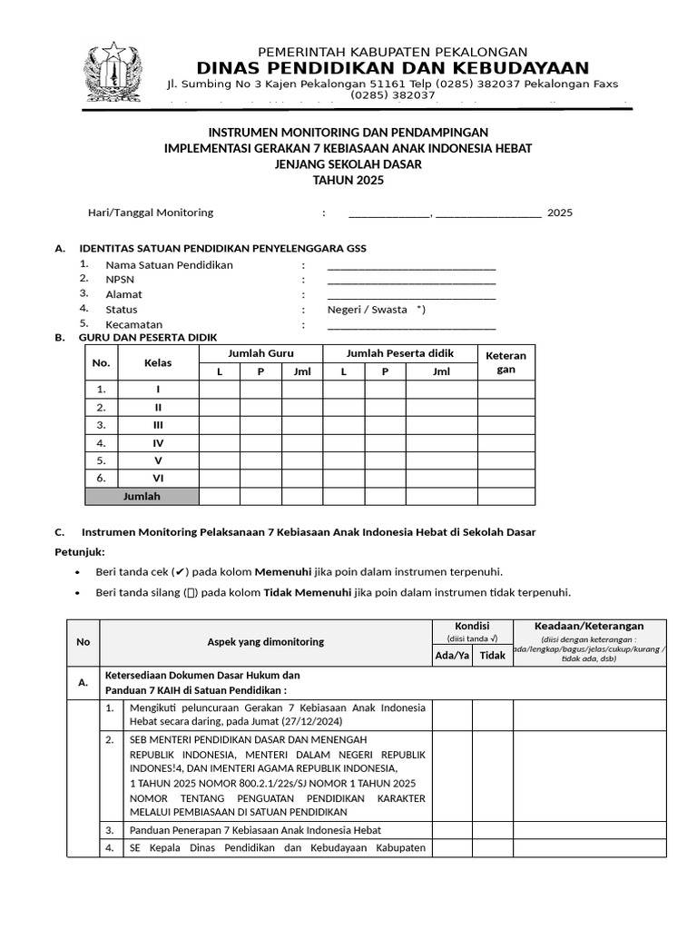 Instrumen Monitoring Dan Pendampingan 7 Kaih | PDF