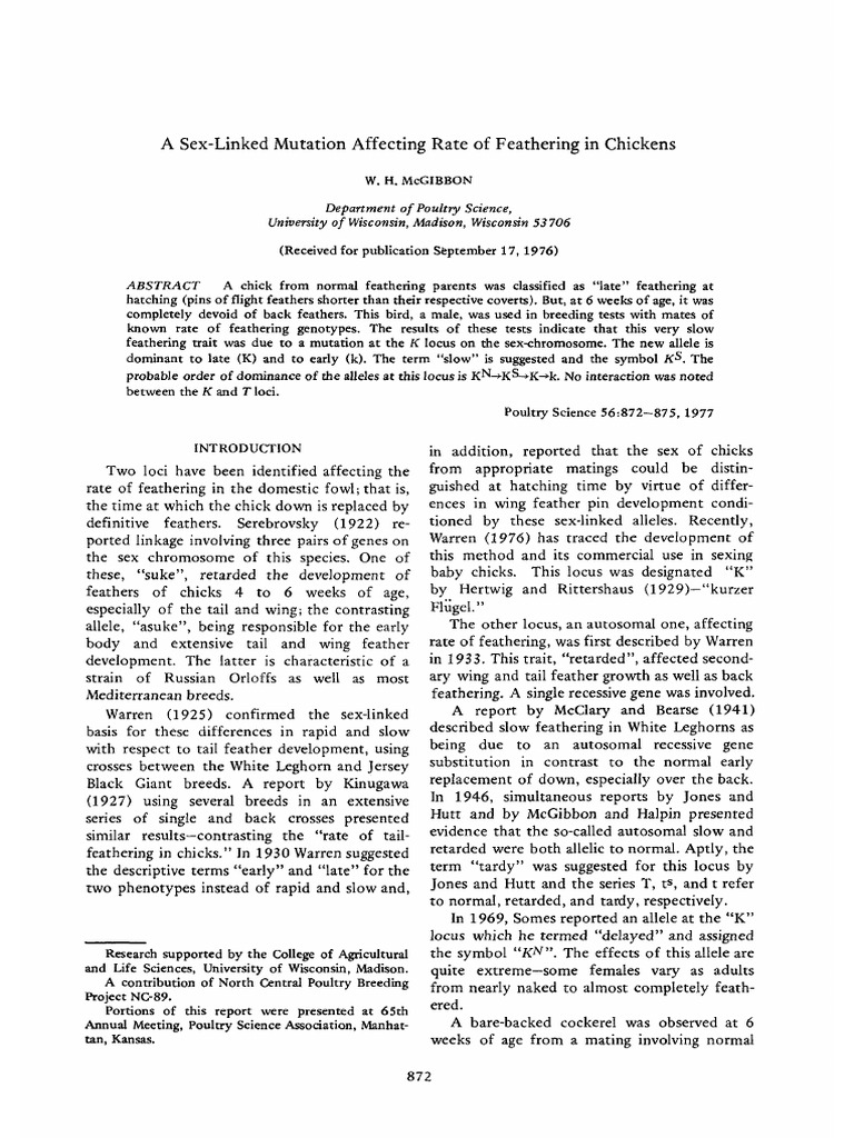 A Sex Linked Mutation Affecting Rate Of Feathering Pdf Dominance Genetics Allele