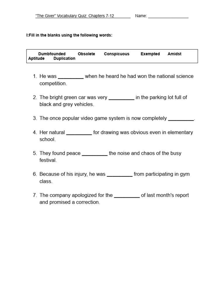 "The Giver" Vocabulary Quiz - Chapters 7-12 (Julian) | PDF