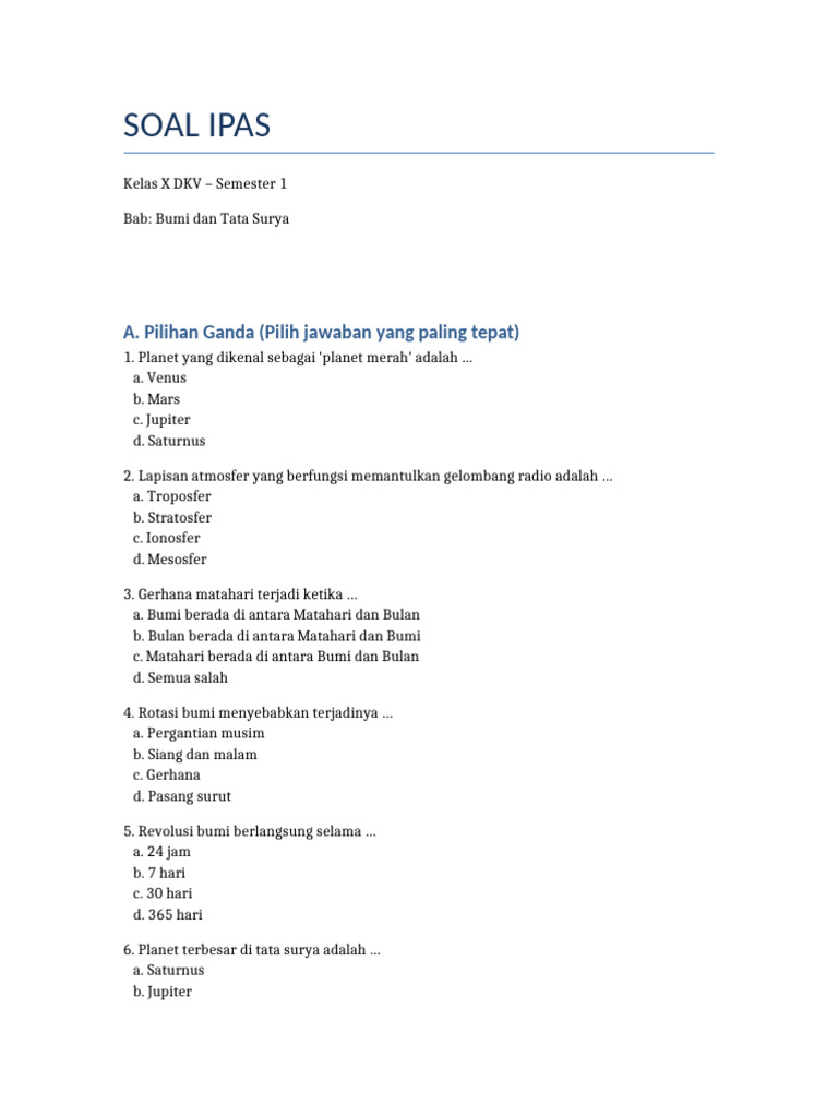 Soal IPAS X DKV Bumi Dan Tata Surya | PDF