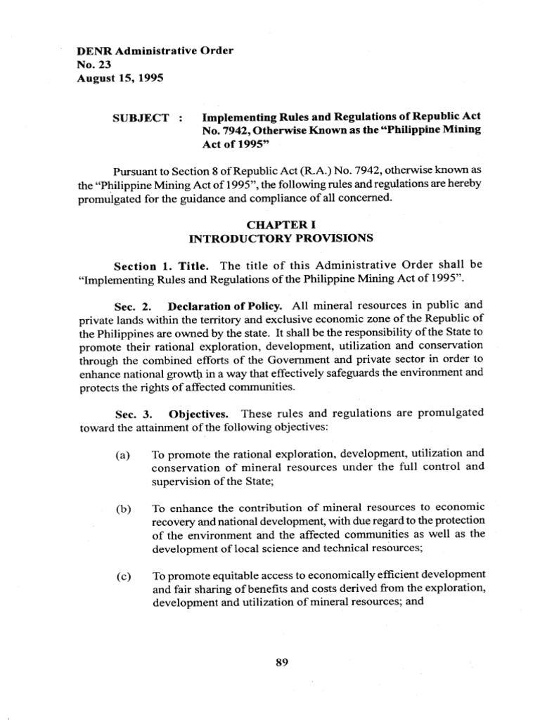 DAO 1995-23 Implementing Rules and Regulations of RA 7942, Otherwise ...