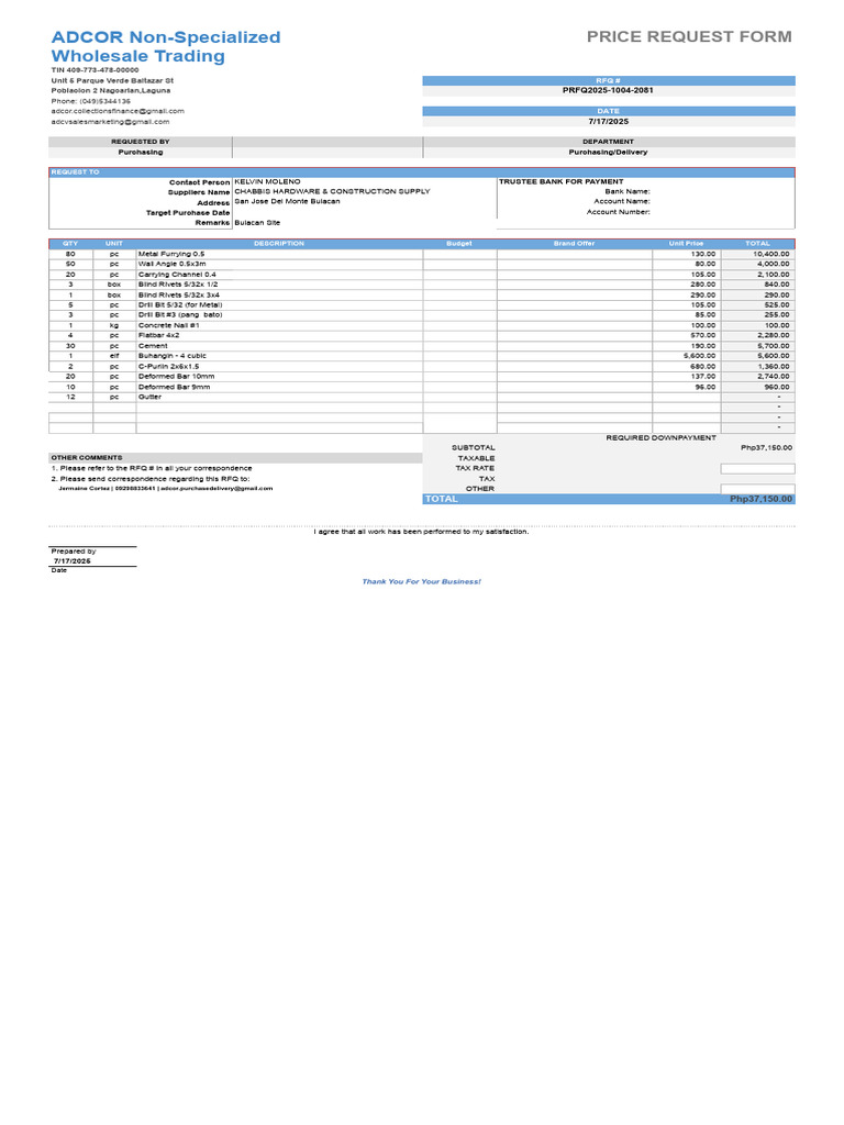 Supplier Price Request - Order Form 2025.Xlsx - Prf81 | PDF | Building ...